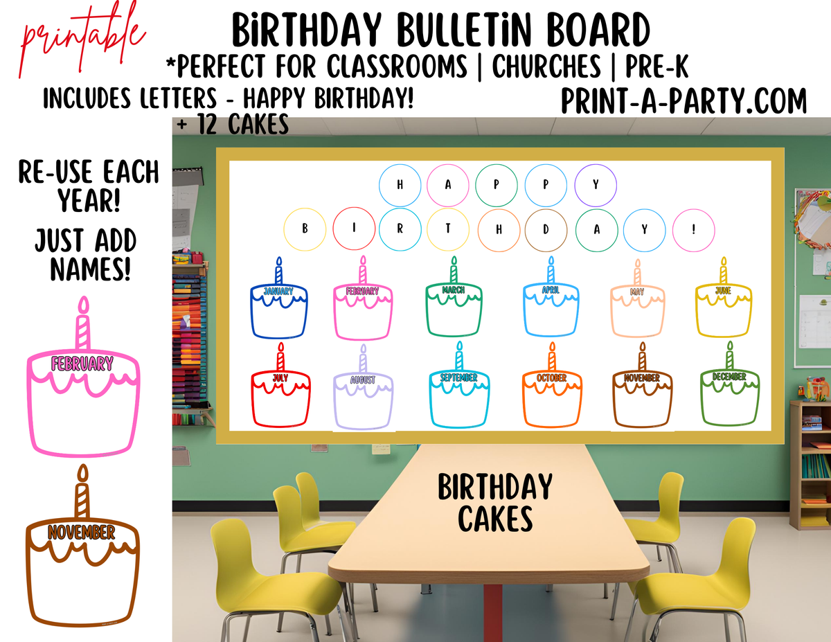 Classroom Bulletin Board Birthday Cakes Printable – PrintAParty