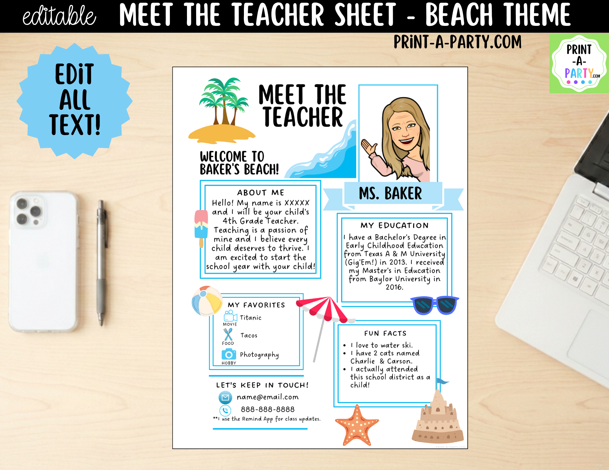 Meet the Teacher Beach Theme Canva Template | Editable Back to School ...