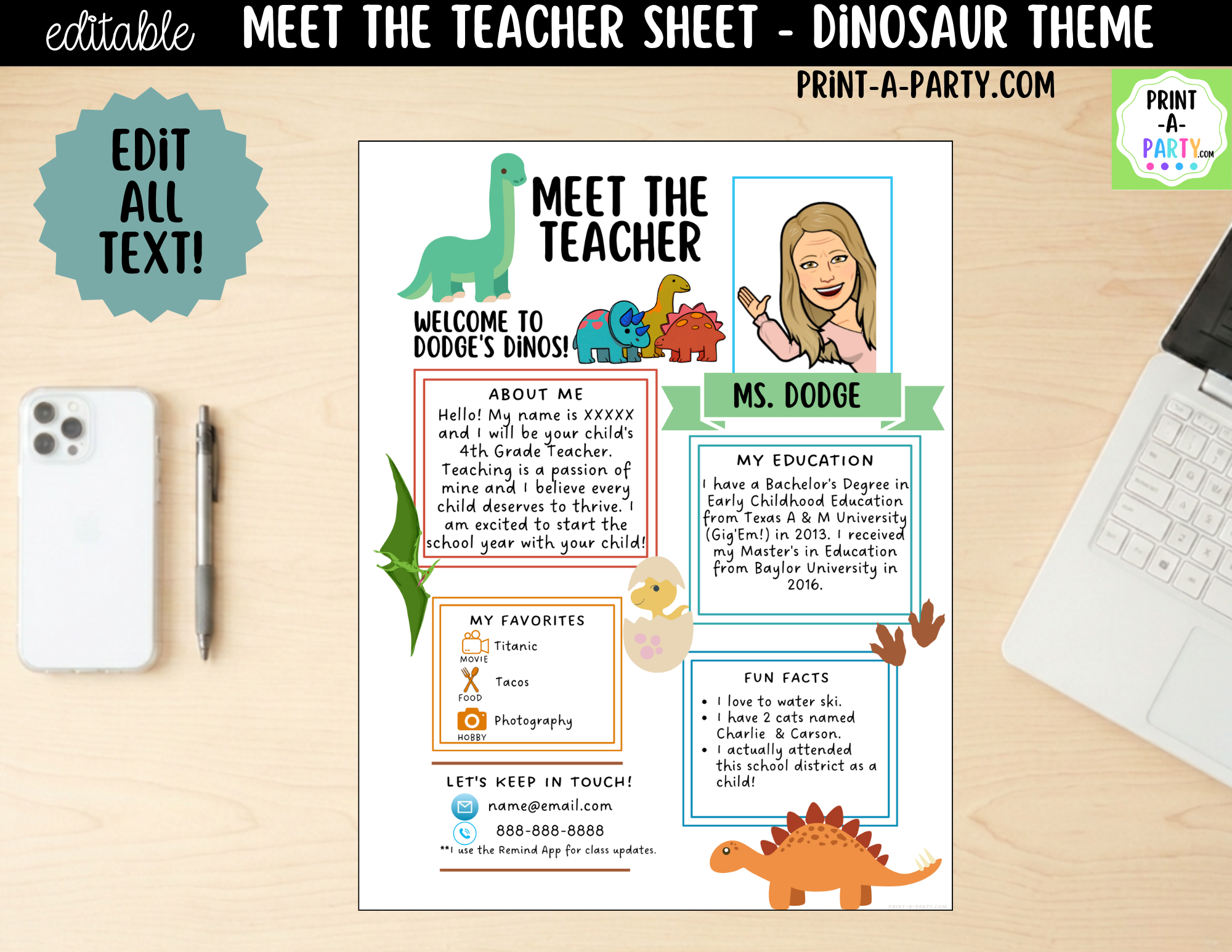 Meet the Teacher Dinosaur Theme Canva Template | Editable Back to Scho ...