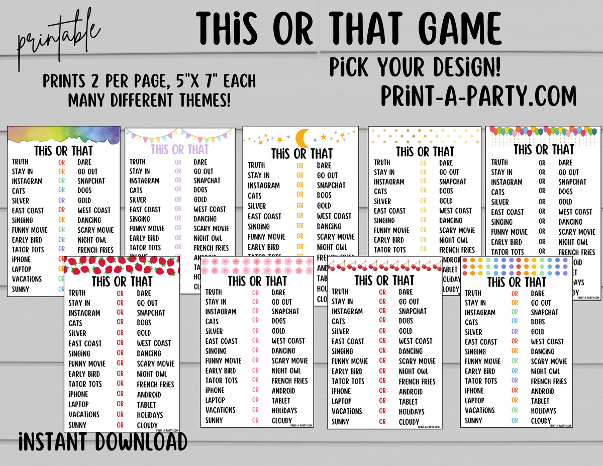 THIS OR THAT GAME | Game Printable | 2 games per page | Birthday Game ...