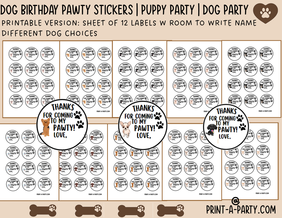Dog Birthday PAWty Stickers | Printable or Editable | Dog Party | Pupp ...