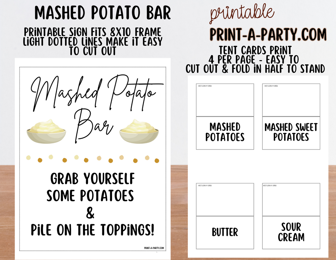 MASHED POTATO BAR Station White Printable Sign & Food Toppings Labels ...