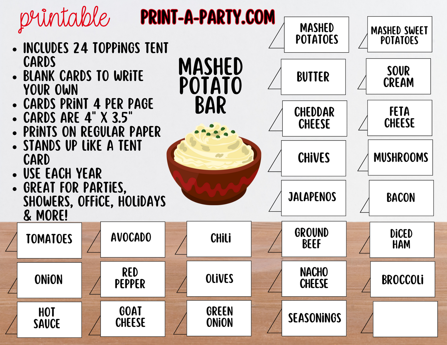 MASHED POTATO BAR Station White Printable Sign & Food Toppings Labels ...