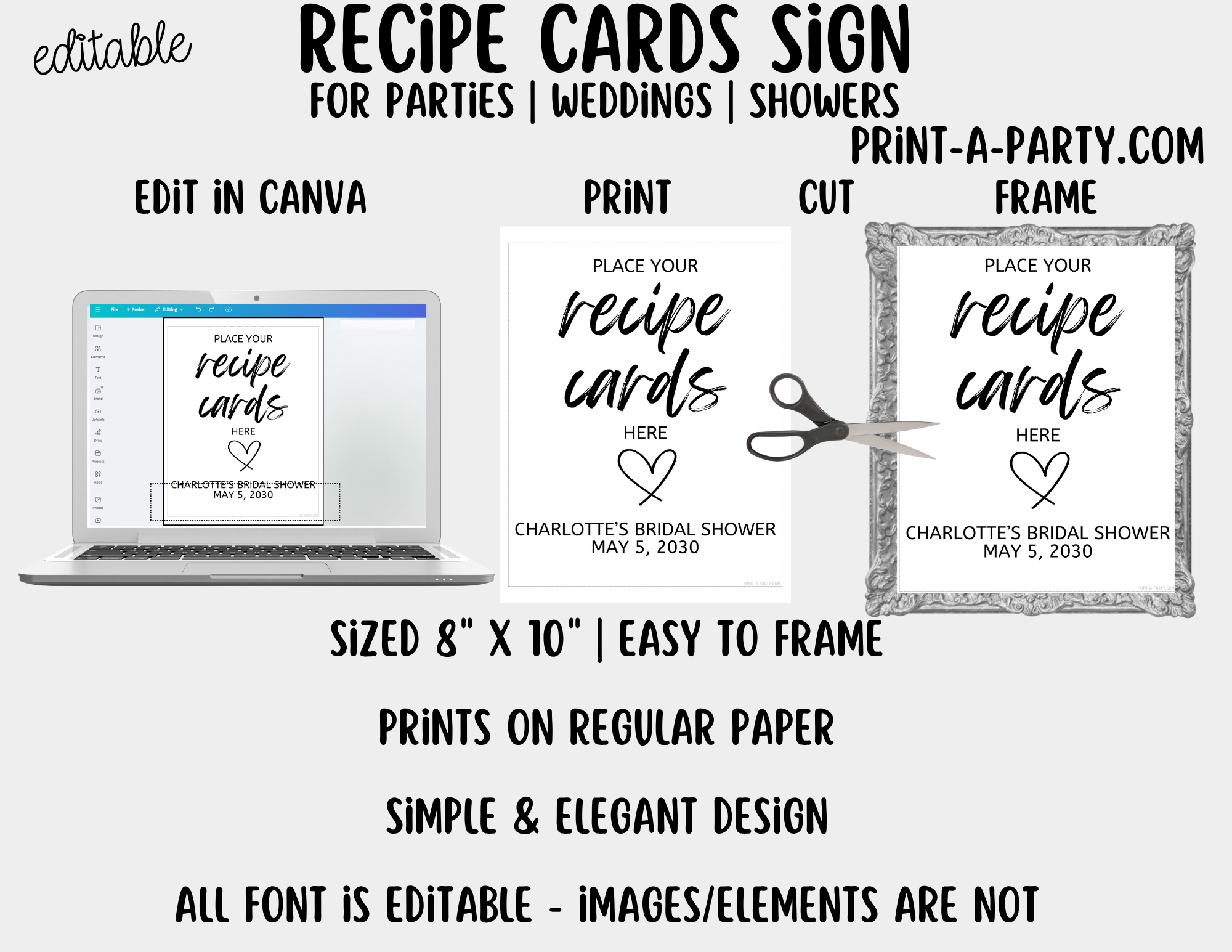 Editable Recipe Cards Sign (8x10) – Canva Printable Template for Showe ...