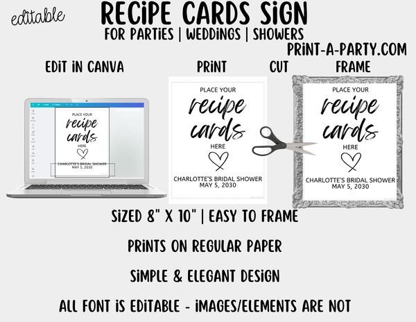 Editable Recipe Cards Sign (8x10) – Canva Printable Template for Showe ...