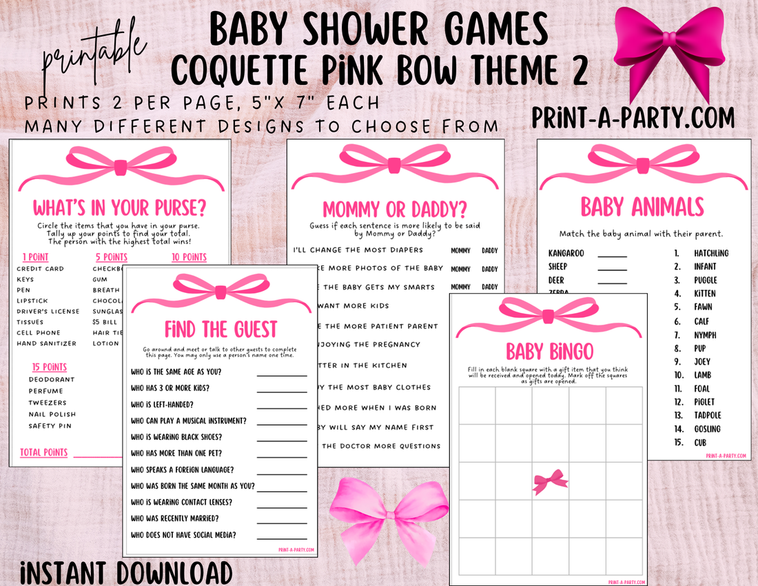 GAMES Pink Coquette Bow Baby Shower theme, 5 x 7 Instant Download Game ...