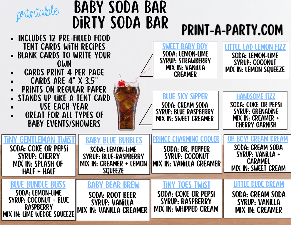 SODA BAR - Printable Baby Boy Soda Bar Kit - Sign & Recipe Tent Cards ...