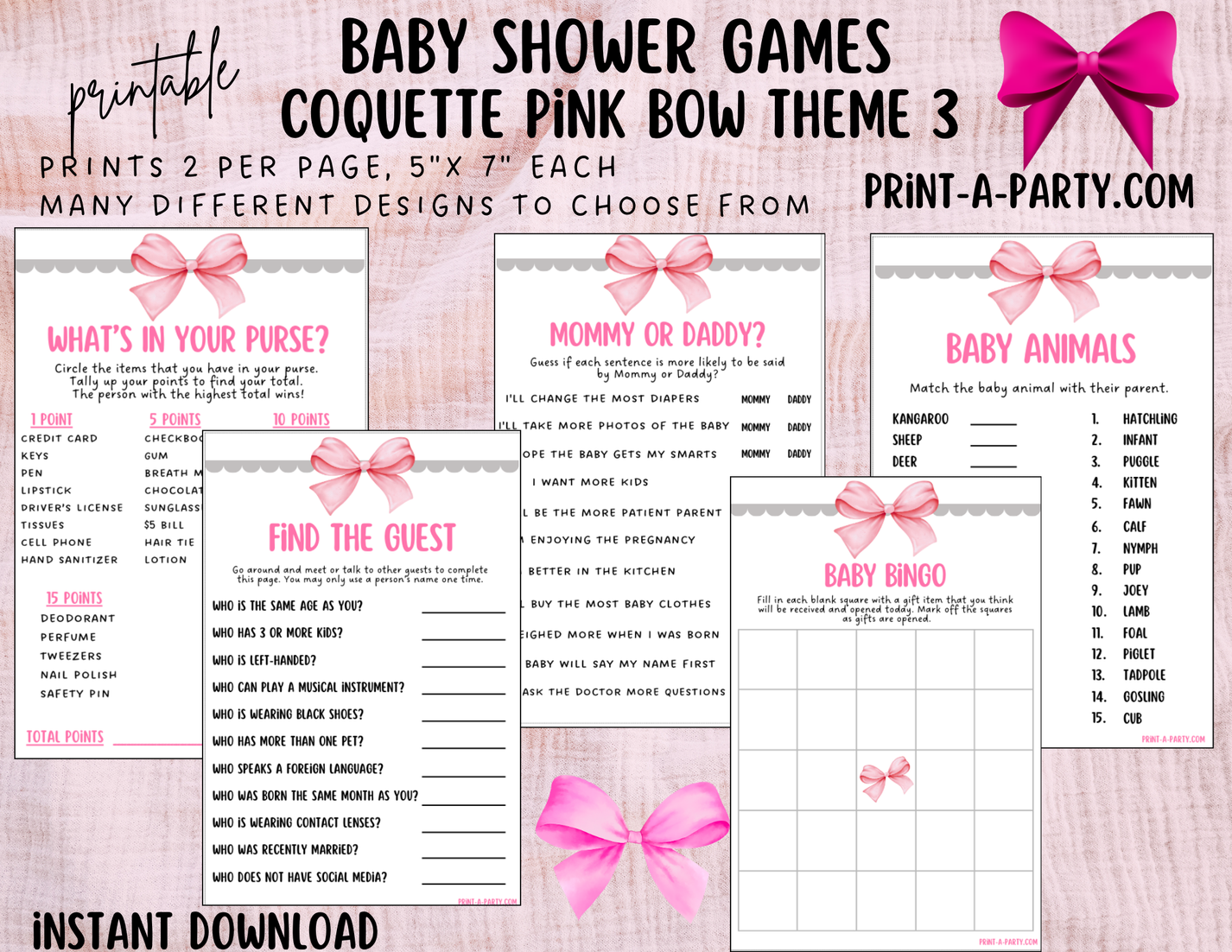 GAMES Pink Coquette Bow Baby Shower theme, 5 x 7 Instant Download Game ...