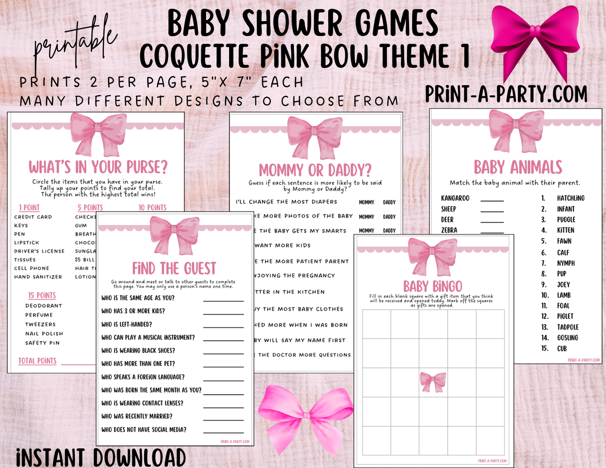 GAMES Pink Coquette Bow Baby Shower theme, 5 x 7 Instant Download Game ...