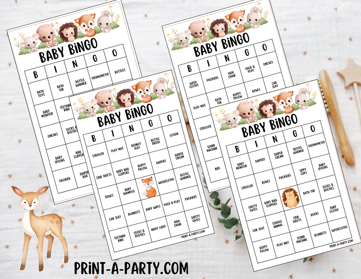 Pre-filled Baby Shower Gift Bingo Game - WOODLAND THEME | Woodland Baby ...