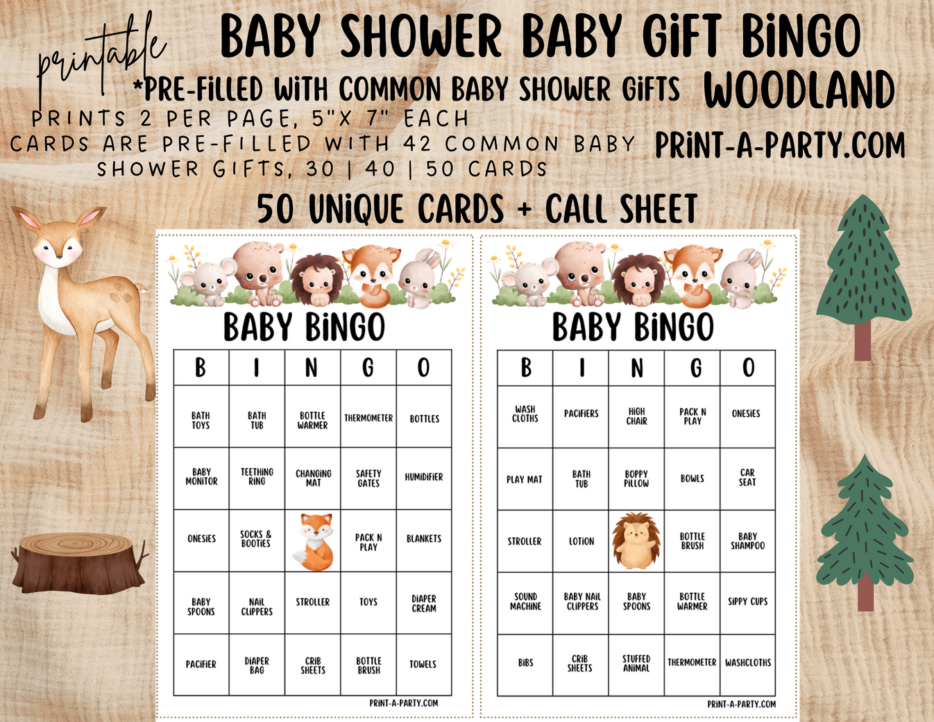 Pre-filled Baby Shower Gift Bingo Game - WOODLAND THEME | Woodland Baby ...