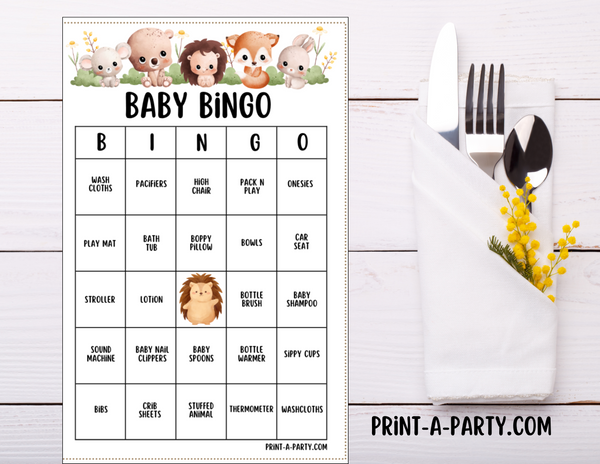 Pre-filled Baby Shower Gift Bingo Game - WOODLAND THEME | Woodland Baby ...