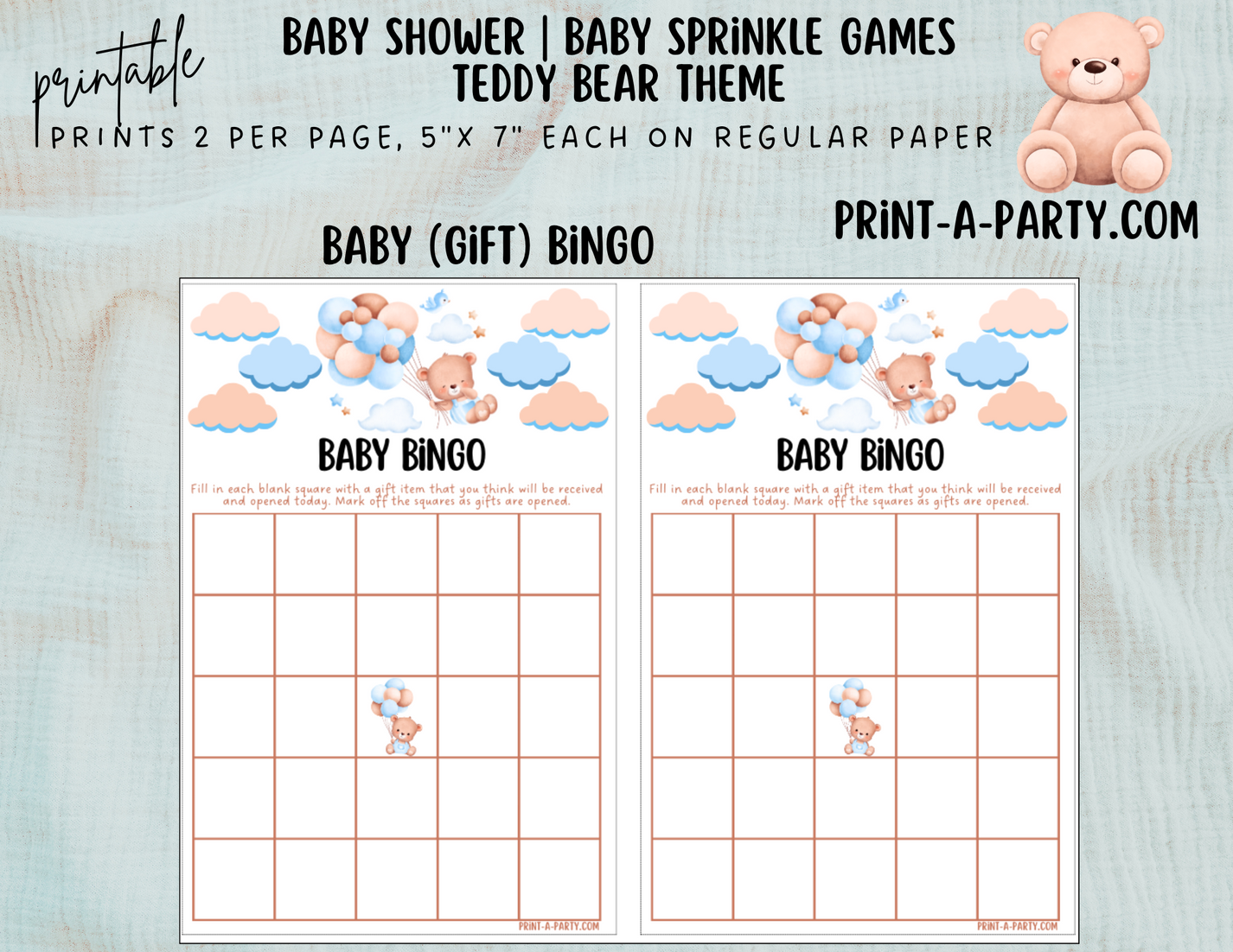 GAMES Teddy Bear Blue Baby Shower, 5 x 7 Instant Download Games ...