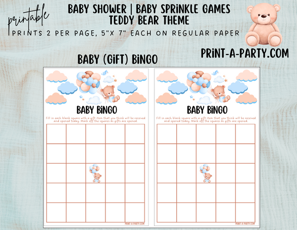 Teddy Bear Blue Baby Shower Printable Games (5 x 7) - Instant download ...