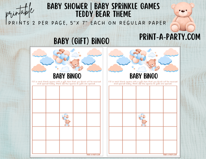 Teddy Bear Blue Baby Shower Printable Games (5 x 7) - Instant download ...