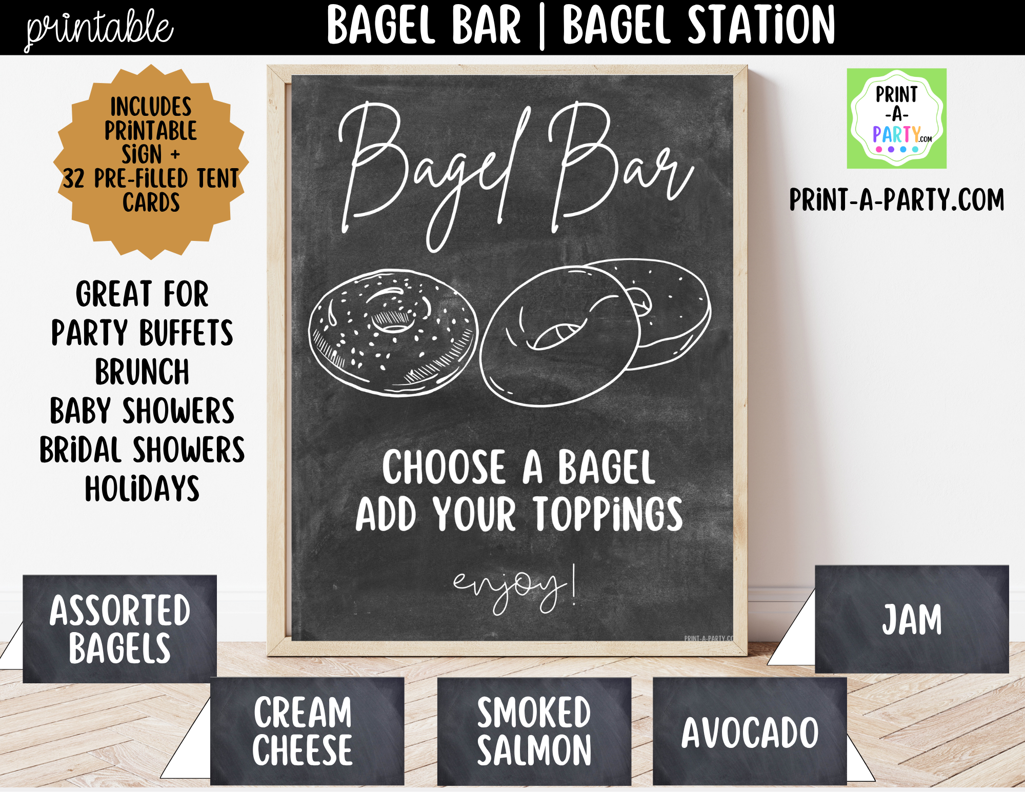 Bagel Bar Sign (8x10) & Topping Tent Cards - Printable Brunch Decor ...