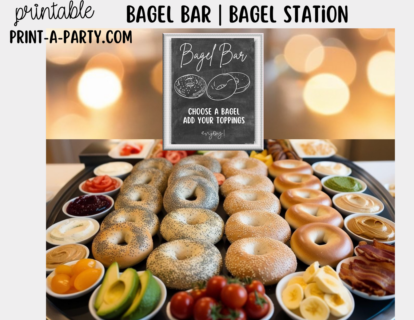 BAGEL BAR Sign and Toppings Labels Printable in Chalkboard – Brunch De – PrintAParty