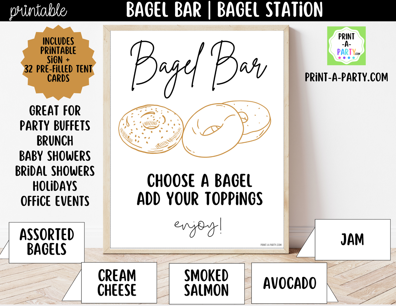BAGEL BAR Sign and Toppings Labels Printable in White – Brunch Decor f ...