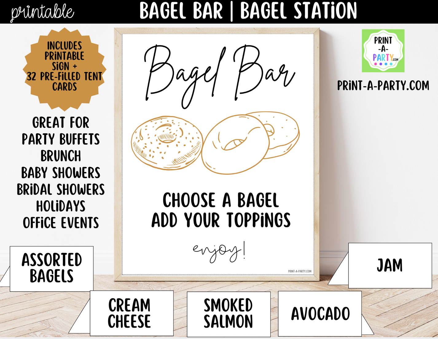 BAGEL BAR Sign and Toppings Labels Printable in White – Brunch Decor f ...