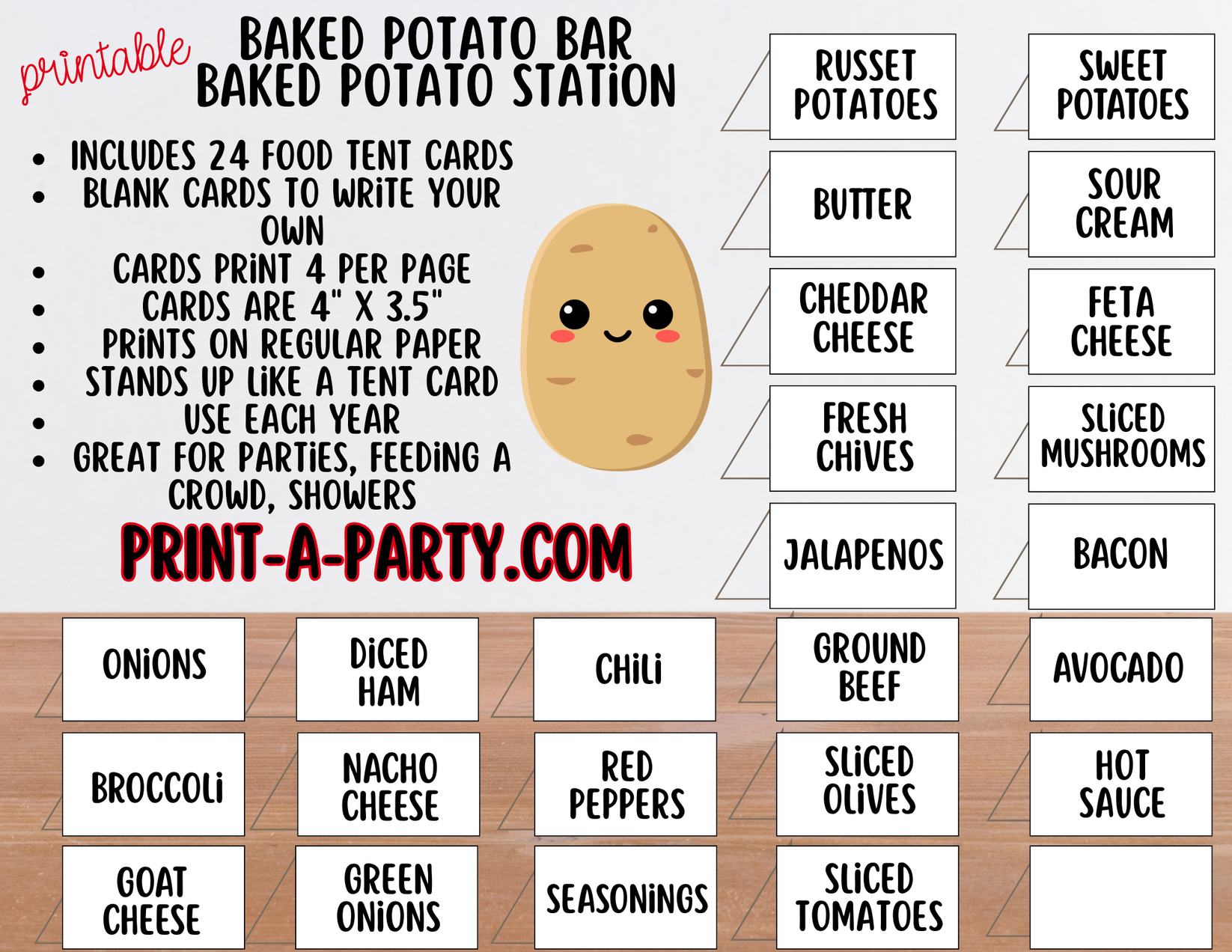 Baked Potato Bar Sign & Topping Tent Cards - Printable Food Station fo ...