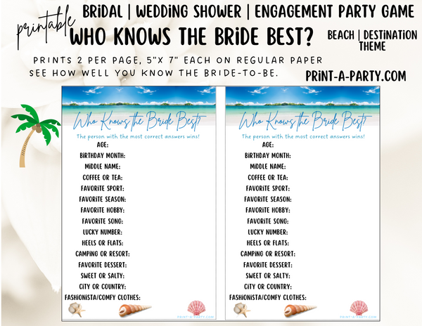 Beach or Destination Wedding Shower Engagement Party Games | Beach ...