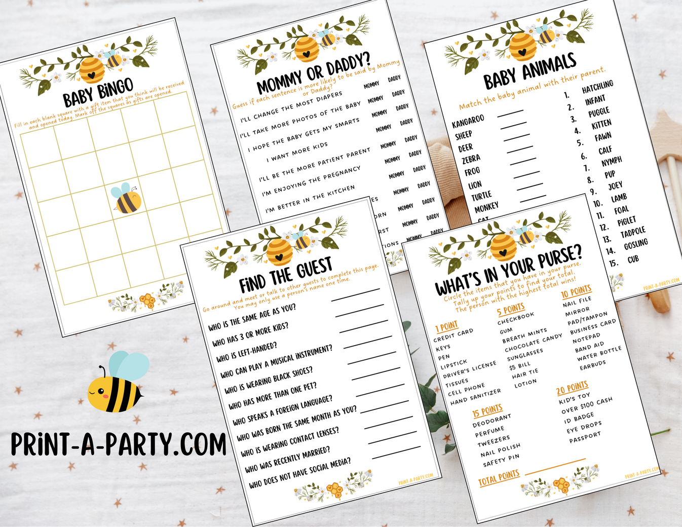 GAMES Bee Baby Shower, Bumblebee theme, 5 x 7 Instant Download Games ...