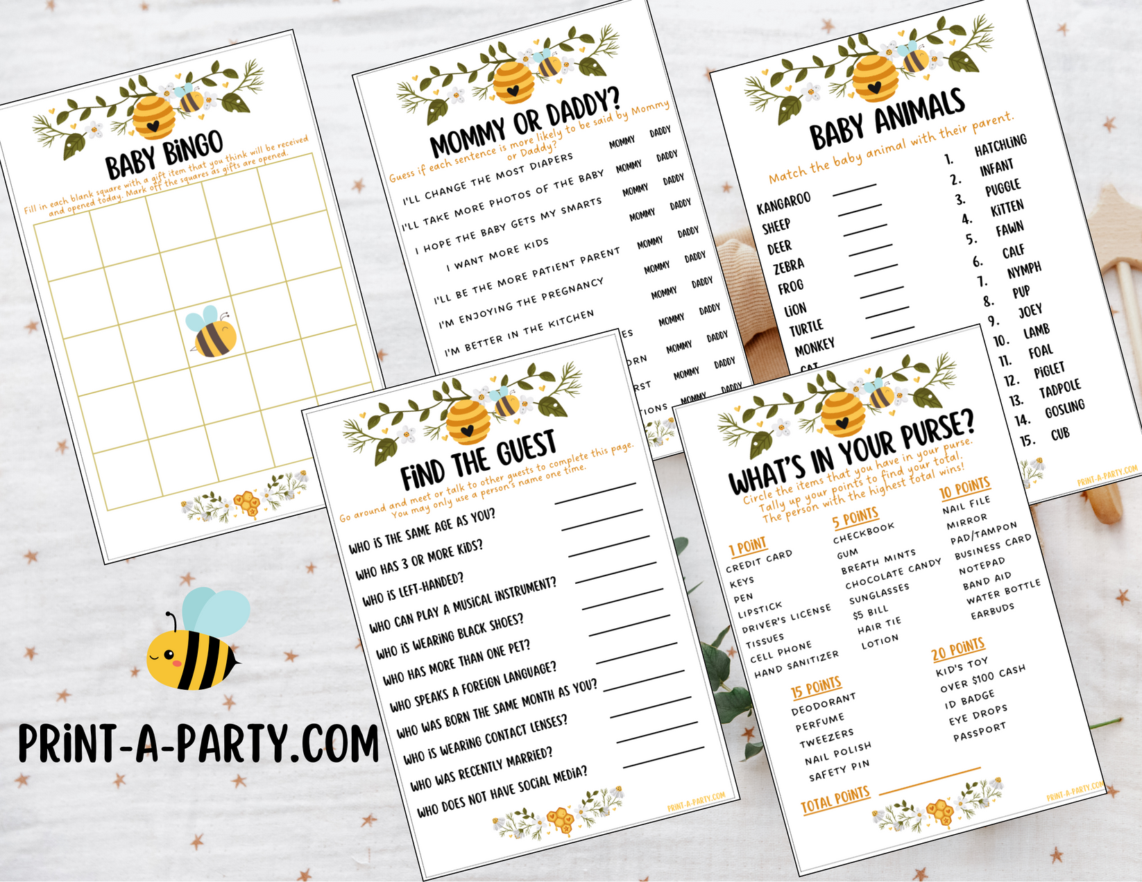 GAMES Bee Baby Shower, Bumblebee theme, 5 x 7 Instant Download Games ...