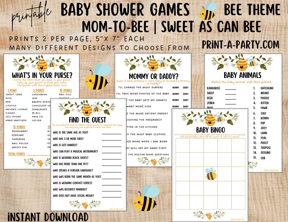 GAMES Bee Baby Shower, Bumblebee theme, 5 x 7 Instant Download Games ...