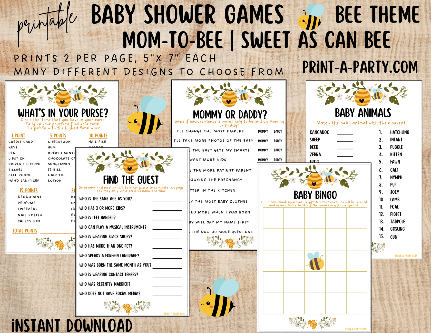 GAMES Bee Baby Shower, Bumblebee theme, 5 x 7 Instant Download Games ...