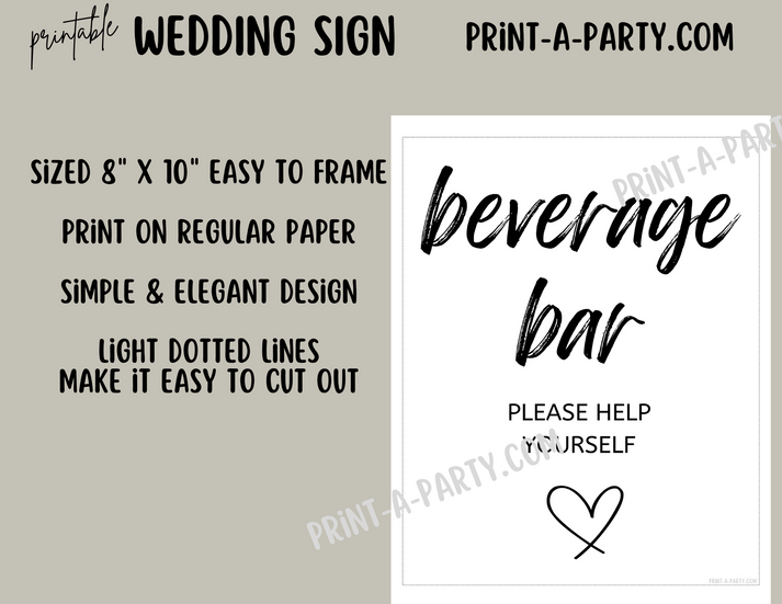 BEVERAGE BAR - PLEASE HELP YOURSELF - Printable Sign for weddings, sho ...