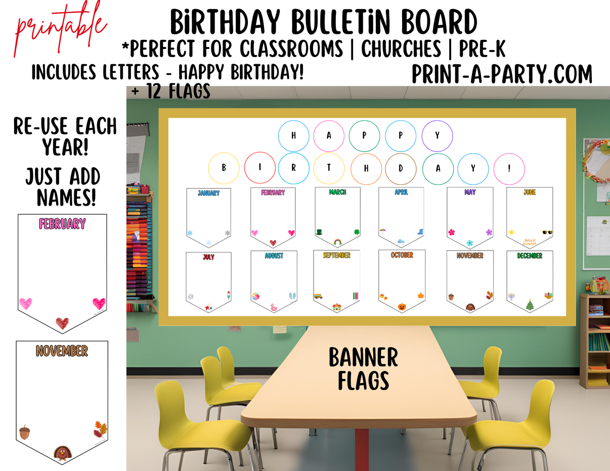 Birthday Bulletin Board Printable Display - Monthly Banner Flags Theme ...