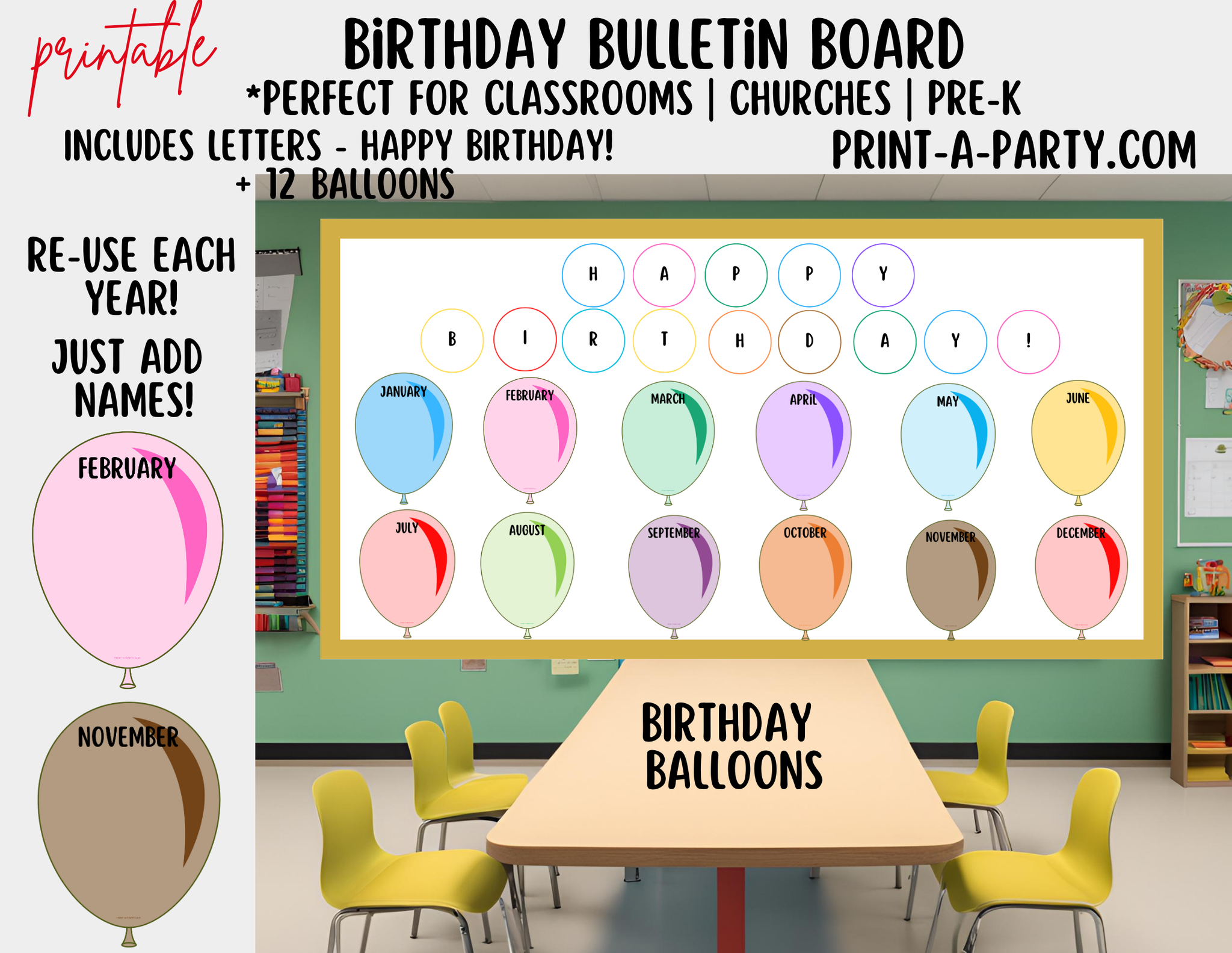 Birthday Bulletin Board Printable Display - Monthly Balloon Theme for ...