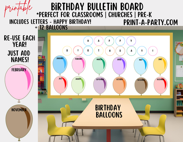 Birthday Bulletin Board Printable Display - Monthly Balloon Theme for ...