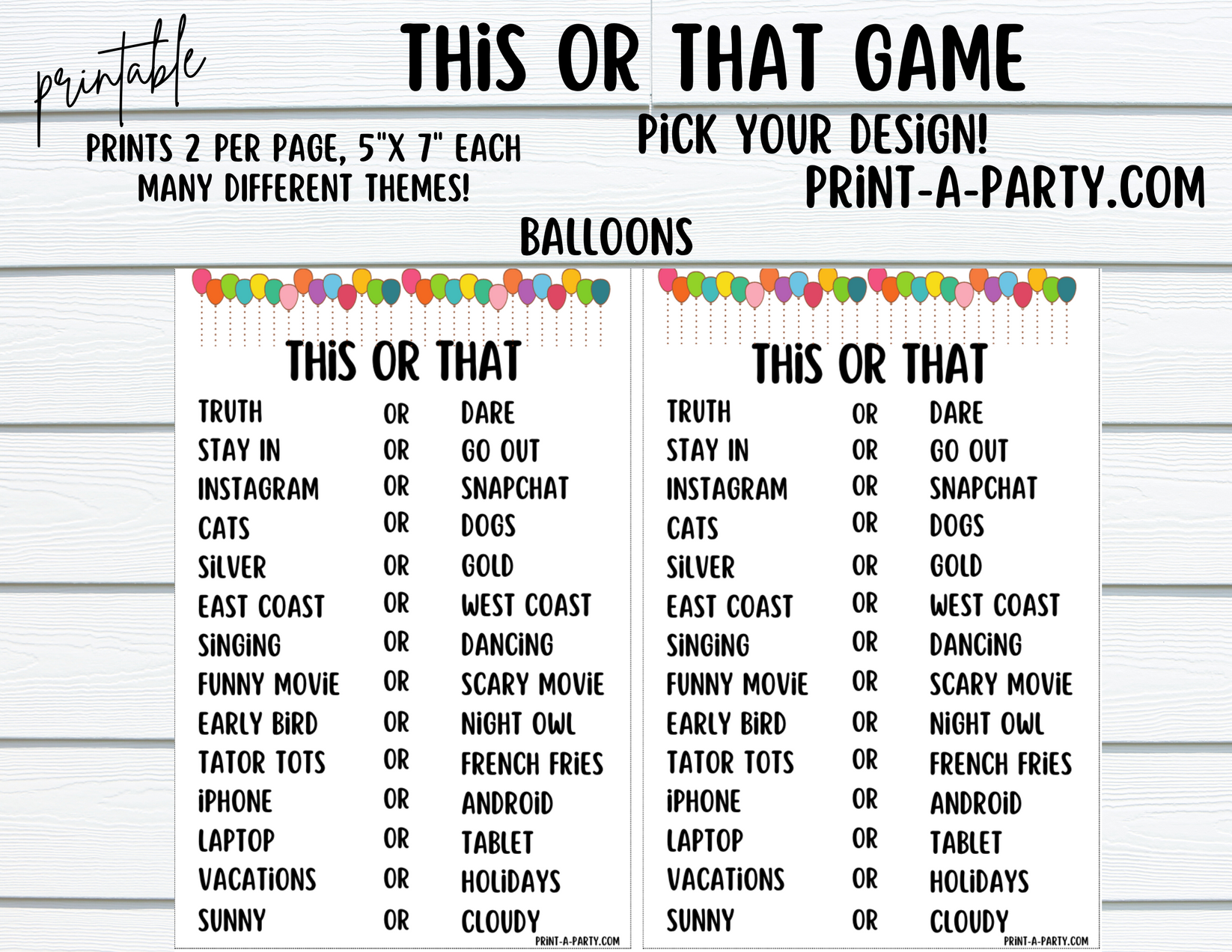 THIS OR THAT GAME | Game Printable | 2 games per page | Birthday Game ...