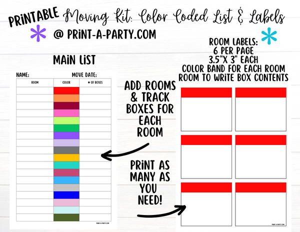 MOVING ORGANIZATION KIT: BLANK Color Coded Moving Box Labels (18) | Ma ...