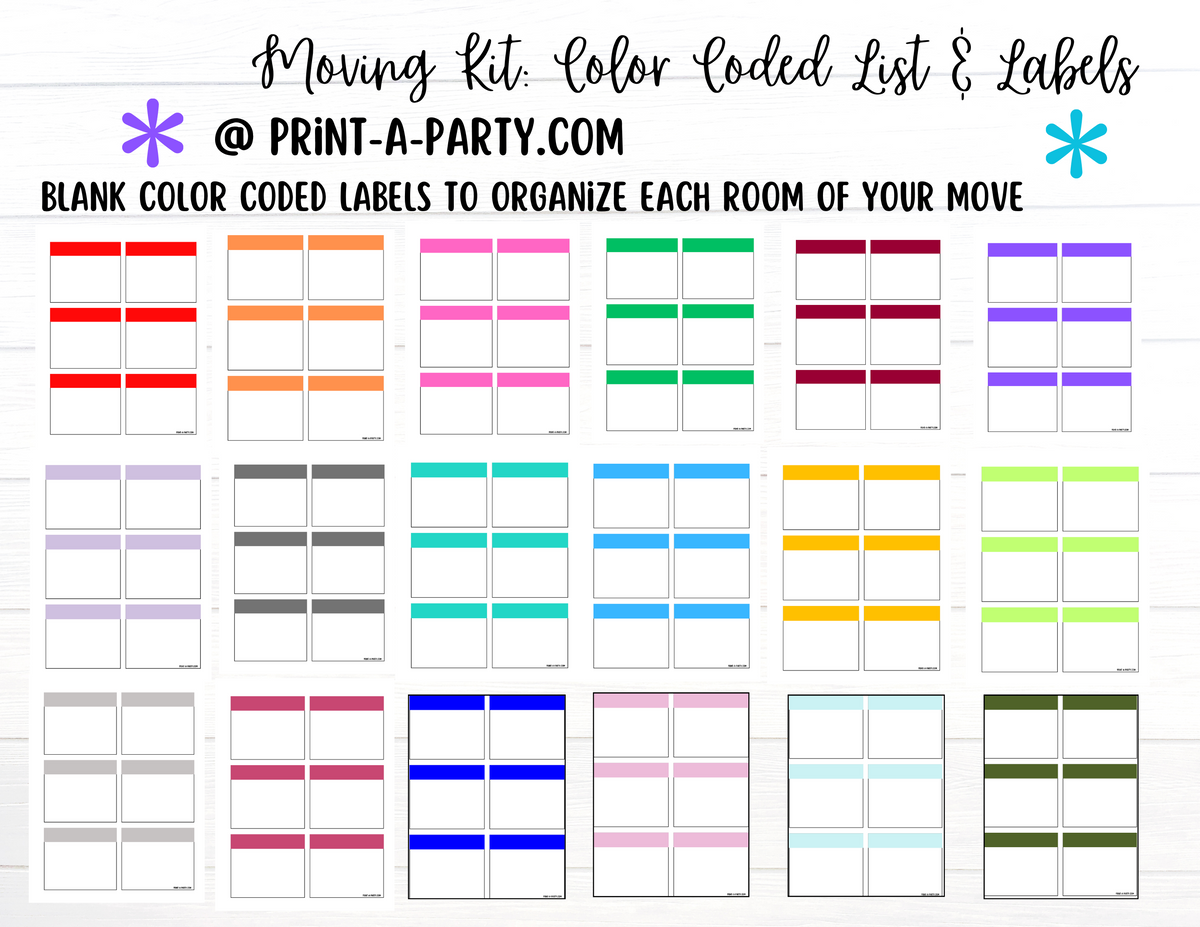 MOVING ORGANIZATION KIT: BLANK Color Coded Moving Box Labels (18) | Ma ...
