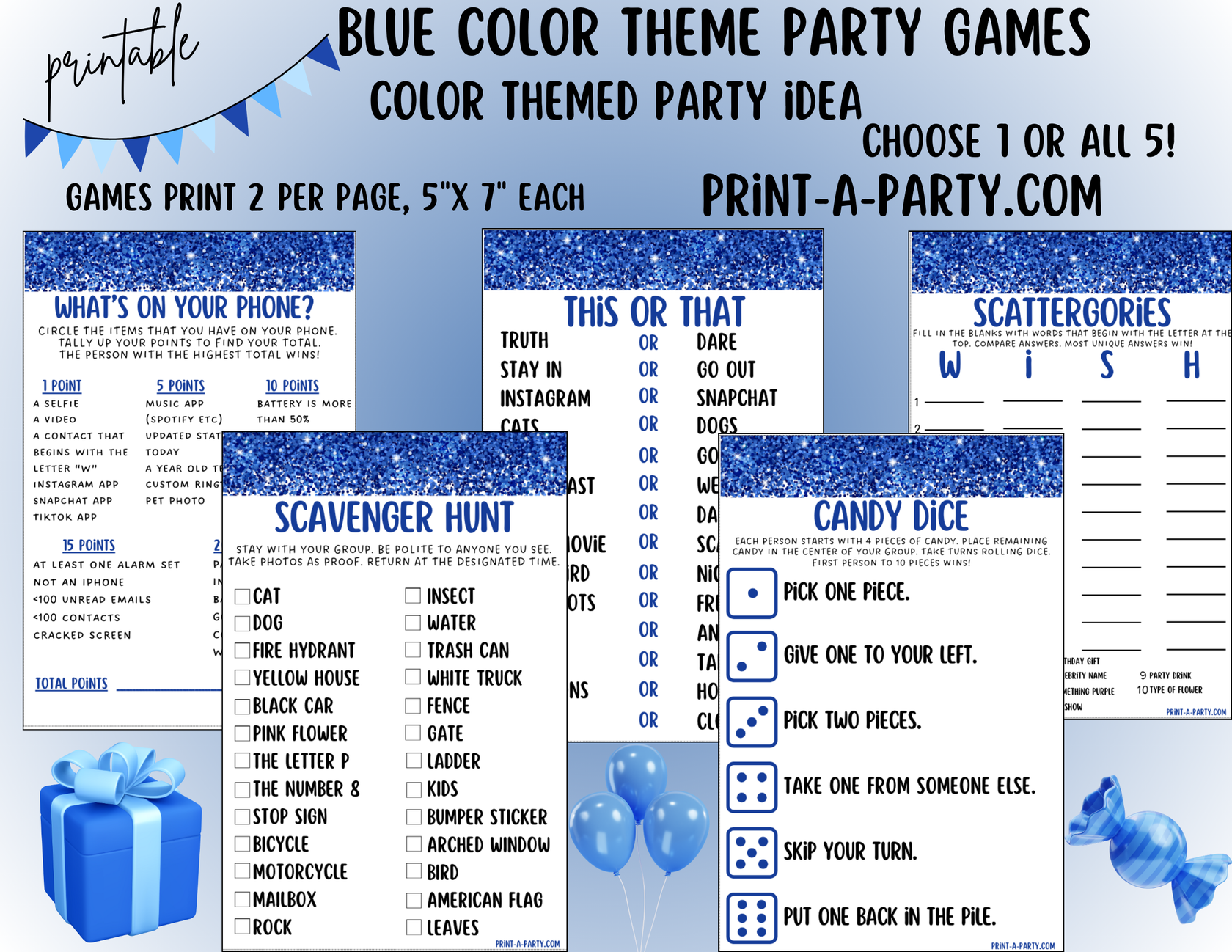 Color Party Games Printable Blue Color Party Theme Games Bundle (5x7 I ...