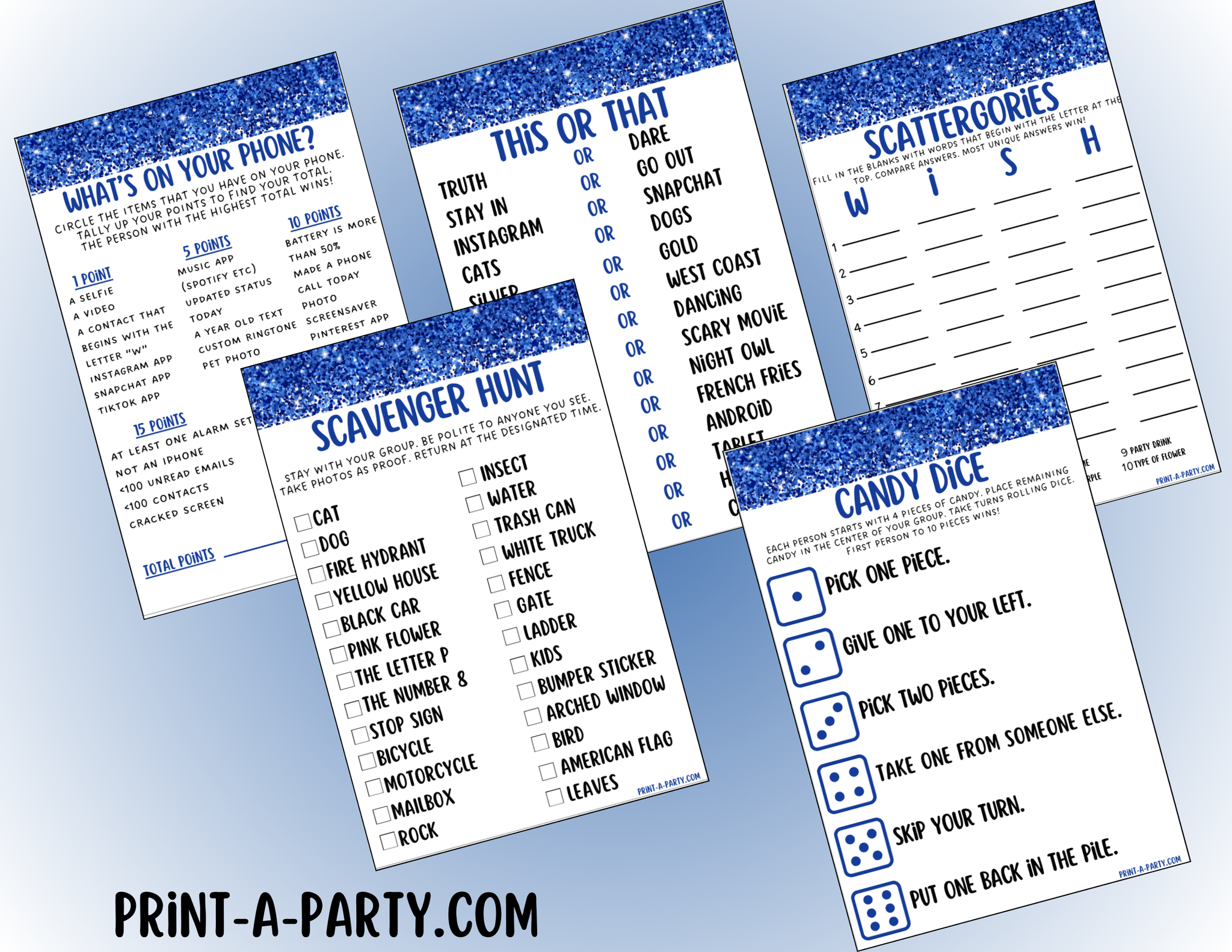 Color Party Games Printable Blue Color Party Theme Games Bundle (5x7 I ...