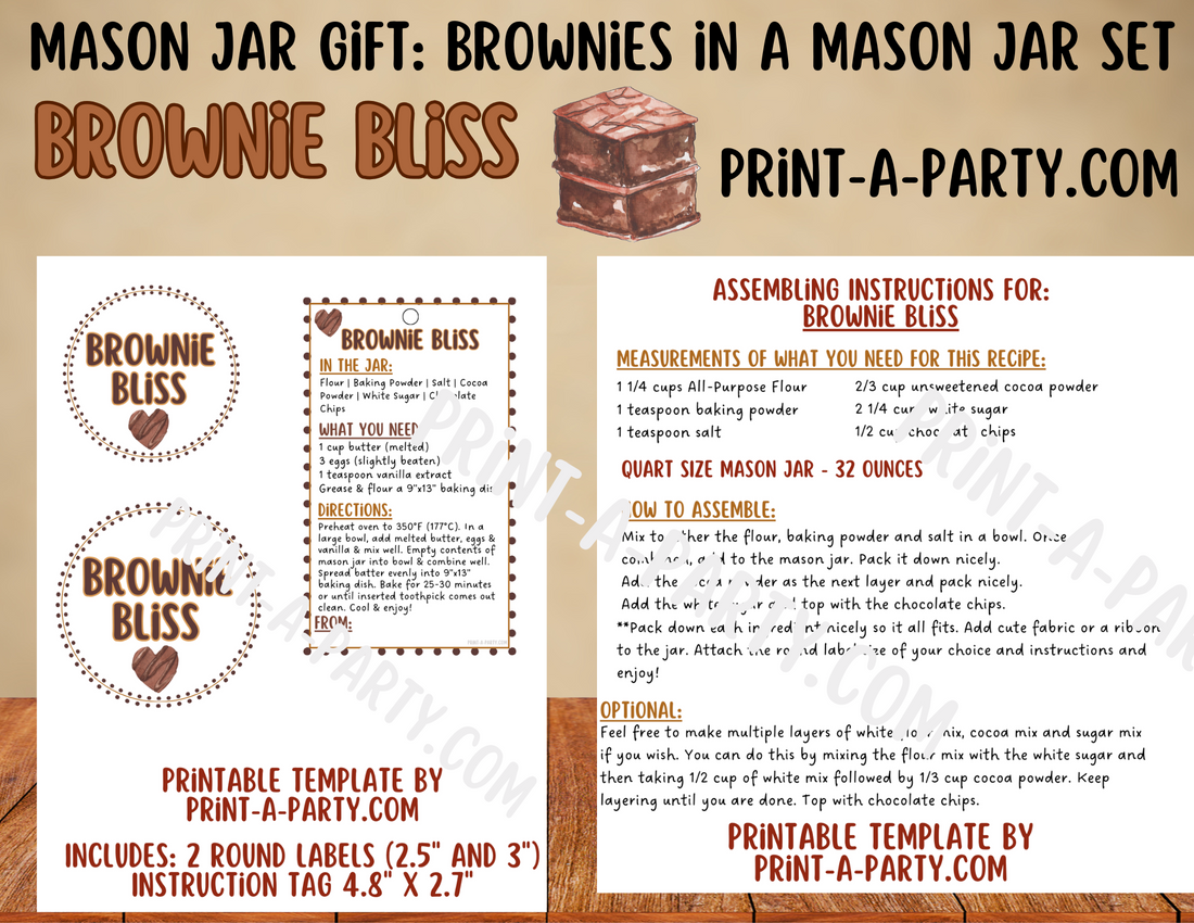 Mason Jar - Brownie Bliss - printable kit - give brownie mix in a mason ...
