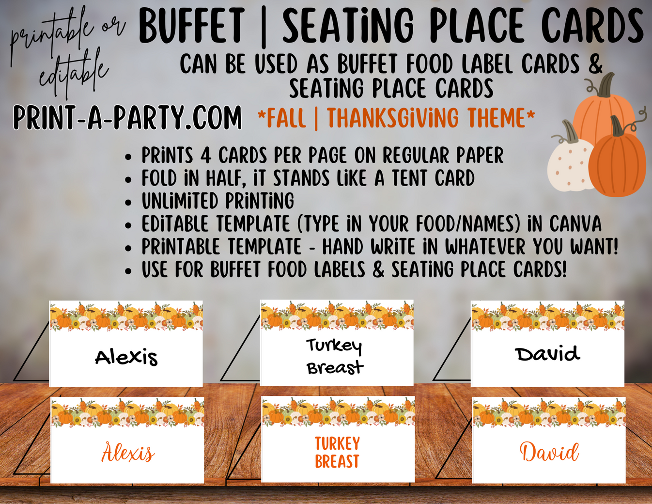 Printable Editable Fall Thanksgiving Buffet Food Cards Seating Place ...