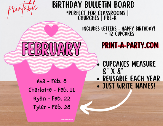 Birthday Bulletin Board Printable Display - Monthly Chevron Cupcake Th ...