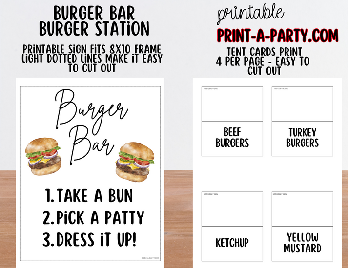 BURGER or SLIDER BAR - White - Printable Sign and Food Labels - For Pa ...