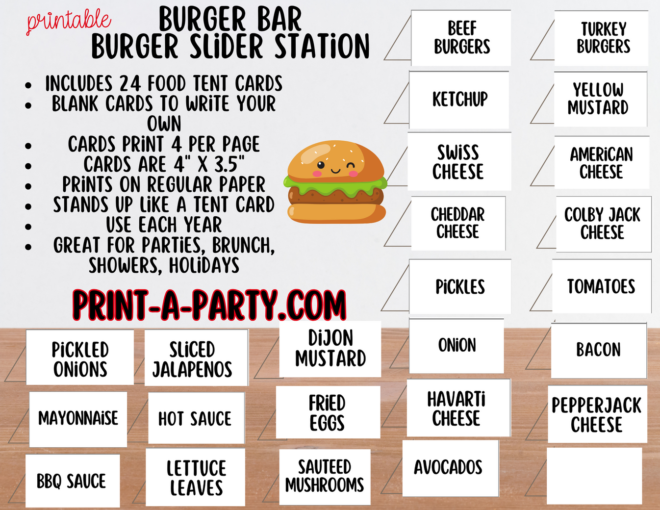 BURGER or SLIDER BAR - White - Printable Sign and Food Labels - For Pa ...