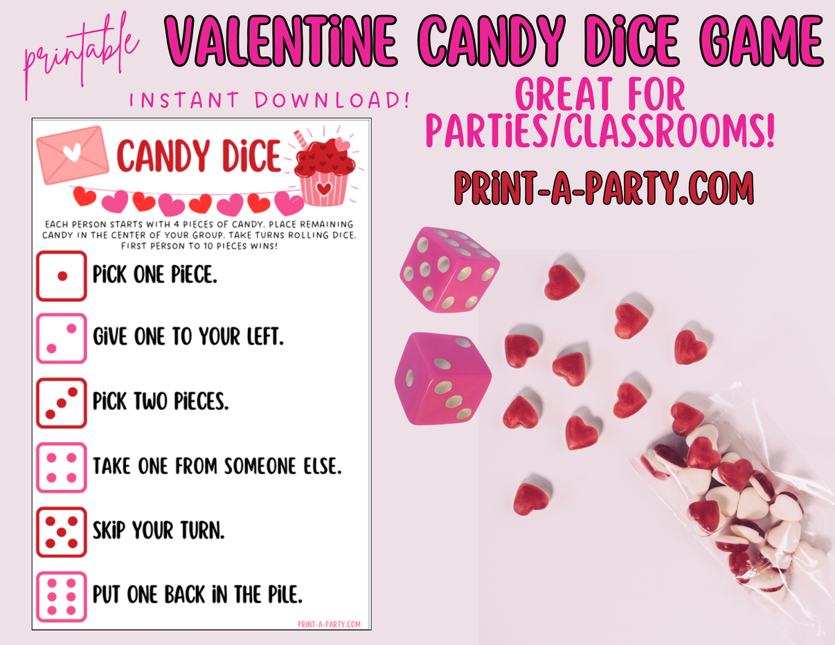 Valentine Candy Dice Game Printable | Valentine Game for Valentine ...