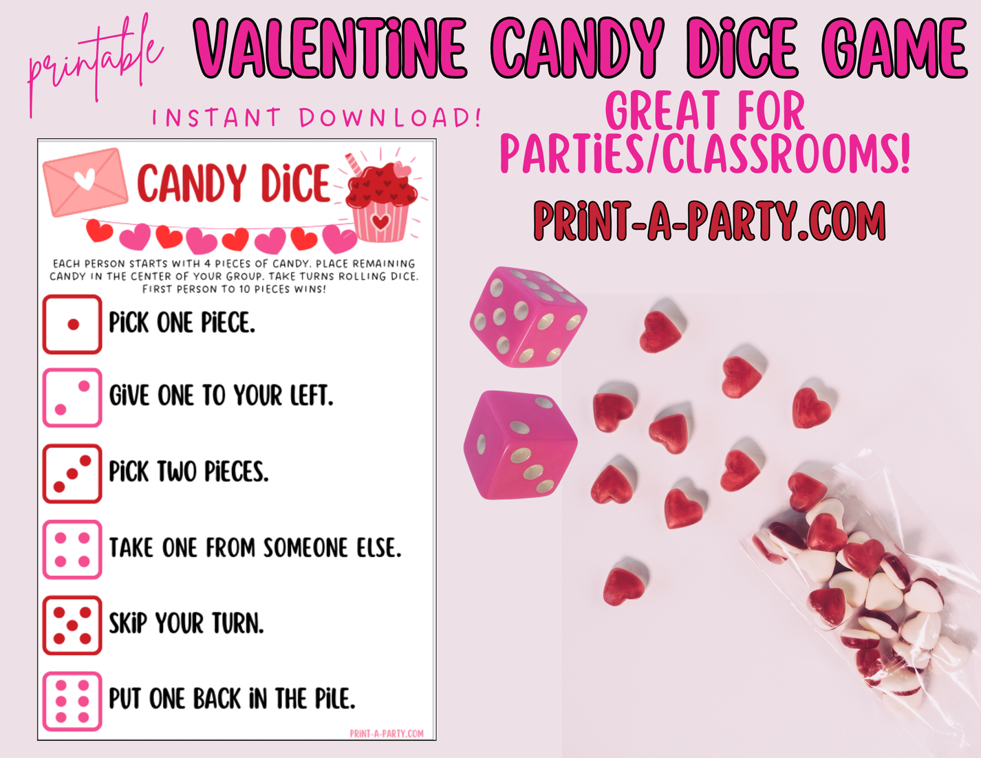 Valentine Candy Dice Game Printable | Valentine Game for Valentine ...