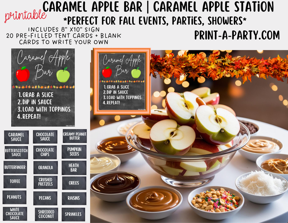 CARAMEL APPLE BAR - Printable Caramel Apple Bar Sign & Topping Labels ...