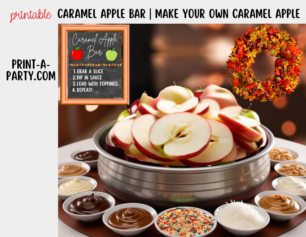 CARAMEL APPLE BAR - Printable Caramel Apple Bar Sign & Topping Labels – PrintAParty