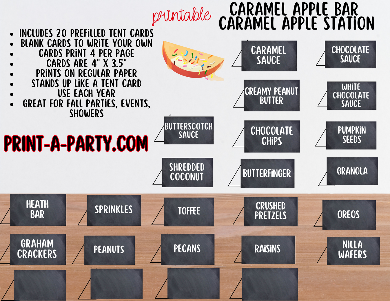 CARAMEL APPLE BAR - Printable Caramel Apple Bar Sign & Topping Labels ...