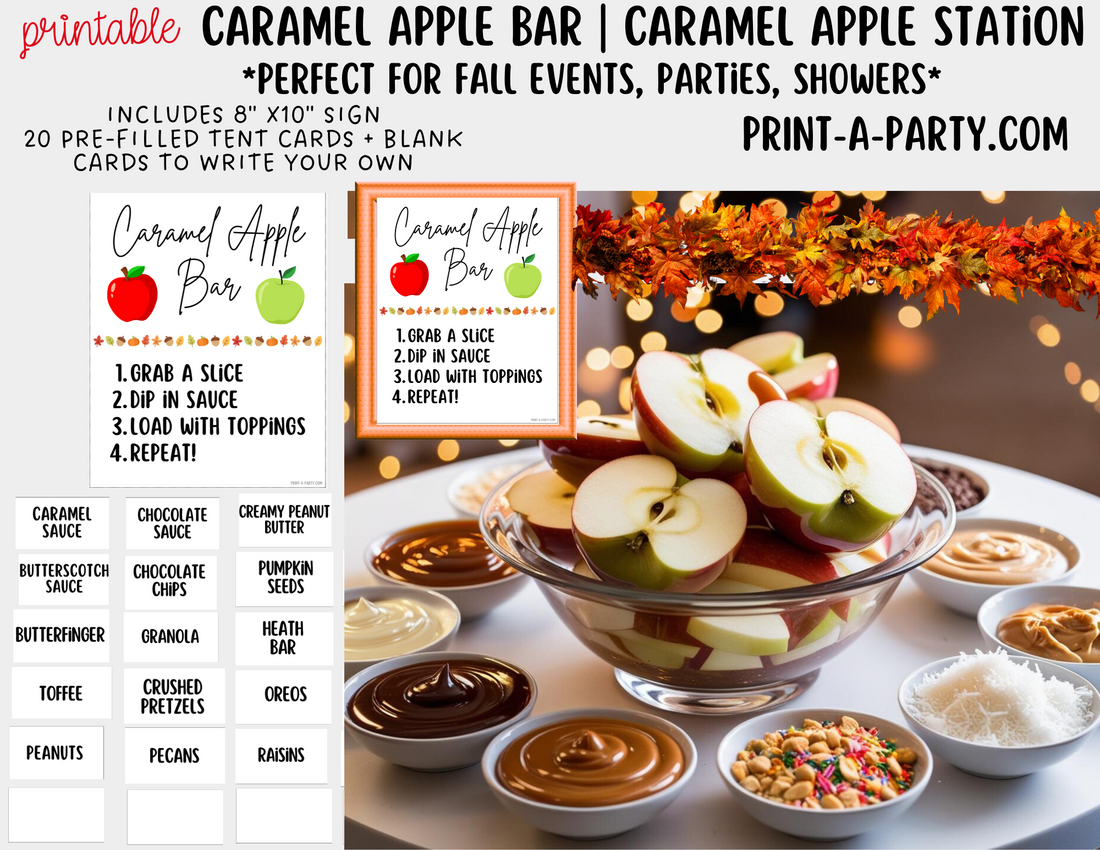 CARAMEL APPLE BAR - Printable Caramel Apple Bar Sign & Topping Labels ...