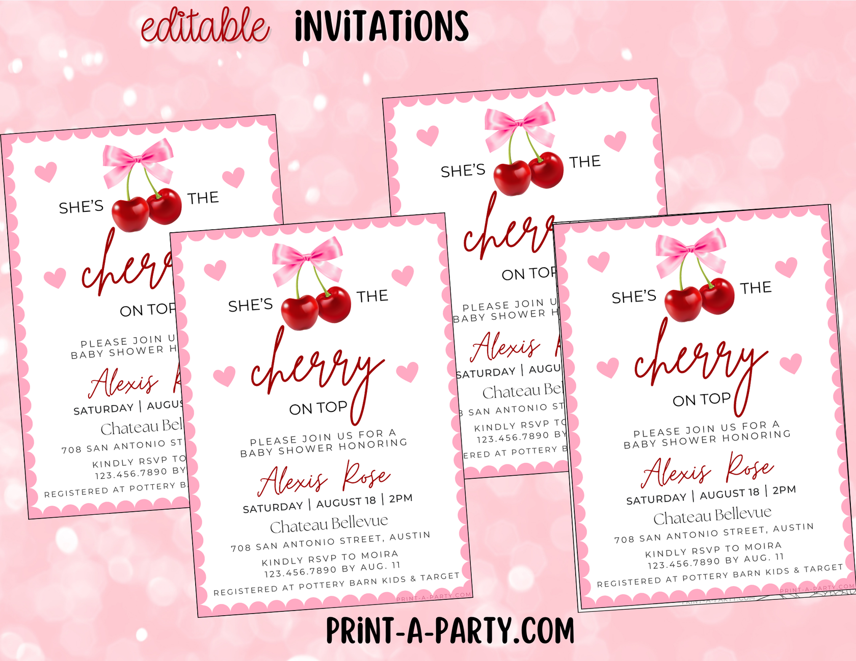 Cherry Baby Shower Invitation – “She’s the Cherry on Top” Editable Pri ...